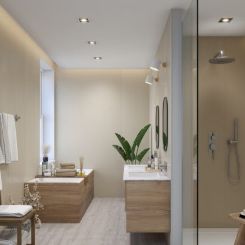 Selkie Oatmeal Square Edge MDF Wall Panel — www.EssentialBathrooms.co.uk